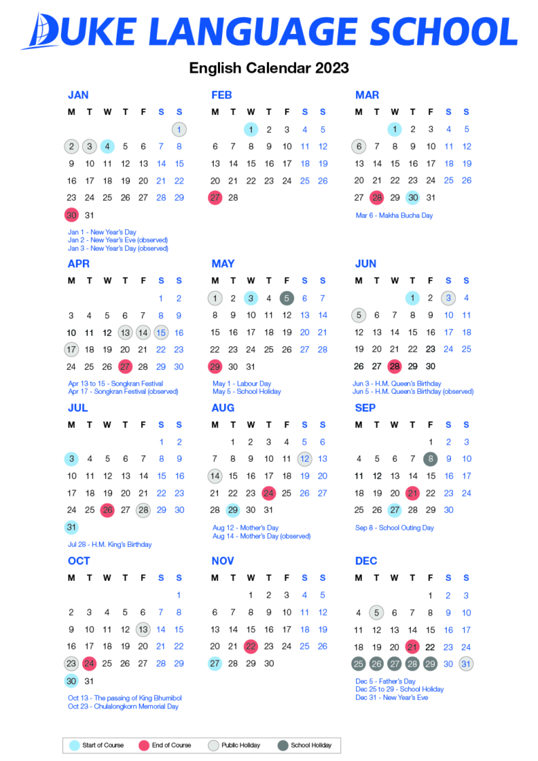 English Calendar | Thai Language School Bangkok | Duke Language